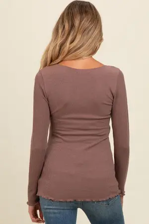 PINKBLUSH Ribbed Knit Long Sleeve Top - Brown
