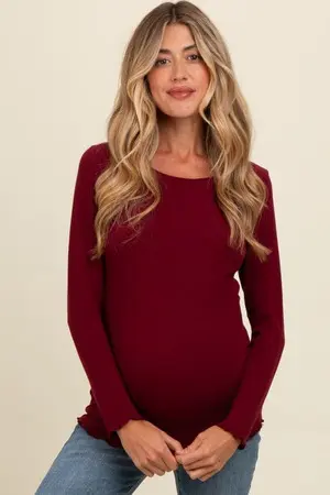 PINKBLUSH Ribbed Knit Long Sleeve Top - Burgundy