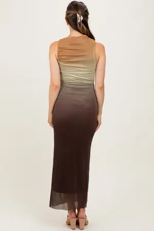 PINKBLUSH Ombre Mesh Ruched Sleeveless Midi Dress - Brown