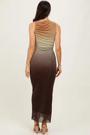 PINKBLUSH Ombre Mesh Ruched Sleeveless Midi Dress - Brown