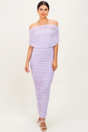 PINKBLUSH Ruched Mesh Foldover Off Shoulder Maxi Dress - Lavender