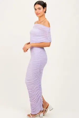 PINKBLUSH Ruched Mesh Foldover Off Shoulder Maxi Dress - Lavender
