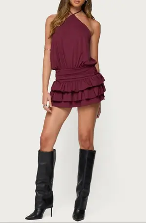 EDIKTED Layered Ruffle Halter Mini Dress