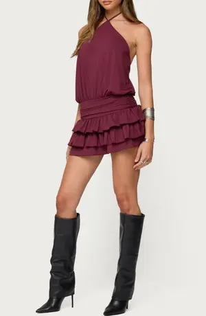EDIKTED Layered Ruffle Halter Mini Dress