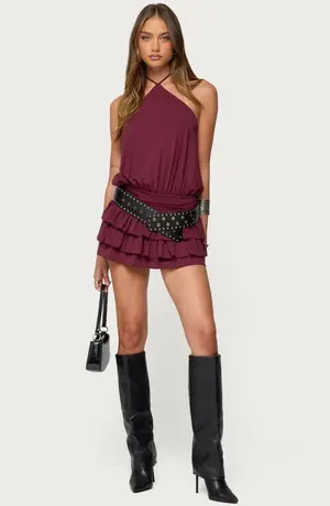 EDIKTED Layered Ruffle Halter Mini Dress