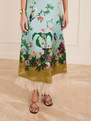 La DoubleJ Swing Feather-trimmed Printed Silk-twill Maxi Dress - Green