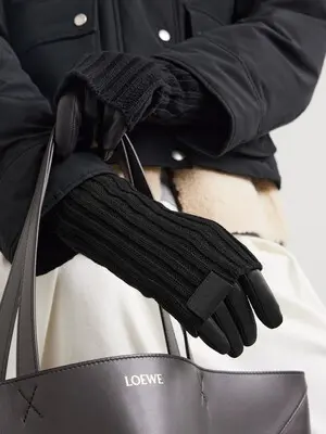 Loewe Leather-trimmed Ribbed Cashmere Gloves