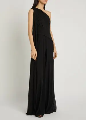 Talbot Runhof One-shoulder Draped Mesh Jumpsuit