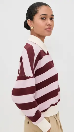 ASKK NY Polo Sweatshirt - Black Cherry Pink Stripe