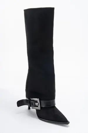 PROLOGUE SHOES Elva Buckle Strap Knee High Boots - Black Suede Faux Leather