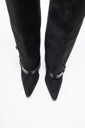 PROLOGUE SHOES Elva Buckle Strap Knee High Boots - Black Suede Faux Leather