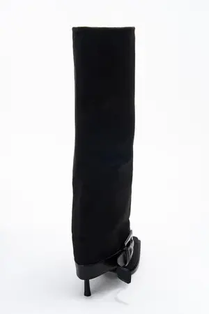 PROLOGUE SHOES Elva Buckle Strap Knee High Boots - Black Suede Faux Leather