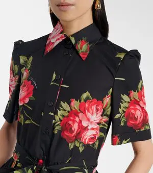 Dolce & Gabbana Belted Floral Cotton Shirt Midi Dress - Black