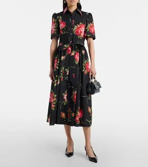 Dolce & Gabbana Belted Floral Cotton Shirt Midi Dress - Black