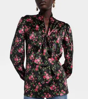 Dolce & Gabbana Floral Tie-neck Silk-blend Blouse - Black
