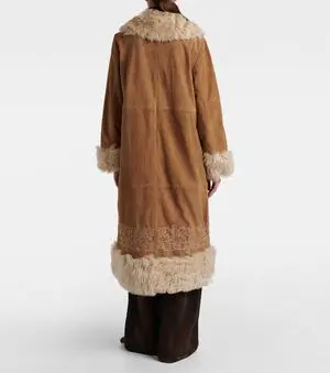 Rixo Cienna Embroidered Suede Coat With Shearling Trim