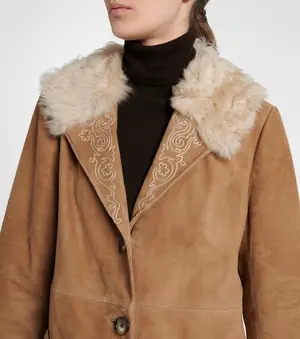 Rixo Cienna Embroidered Suede Coat With Shearling Trim