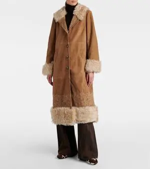 Rixo Cienna Embroidered Suede Coat With Shearling Trim