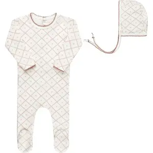 ELY'S & CO. Diamond Print Footie And Bonnet Set - Ivory/pink