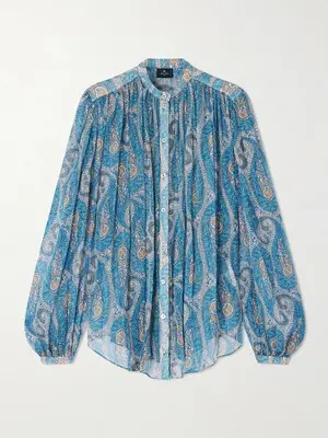 Etro Pleated Paisley-print Silk-crepon Blouse - Blue