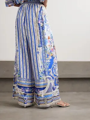 Camilla Crystal-embellished Printed Silk-satin Wide-leg Pants - Blue