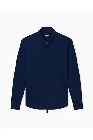 Giorgio Armani Zip-up Cotton Jersey Shirt With Snap-button Cuffs - Blue