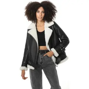 FURNIQ UK Shearling Sheepskin Jacket Black /white Wool