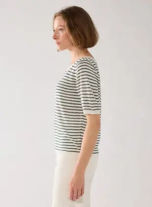 Majestic Filatures Linen Knit Stripe Elbow Sleeve Crewneck - Agave