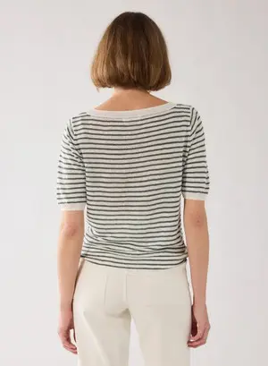Majestic Filatures Linen Knit Stripe Elbow Sleeve Crewneck - Agave