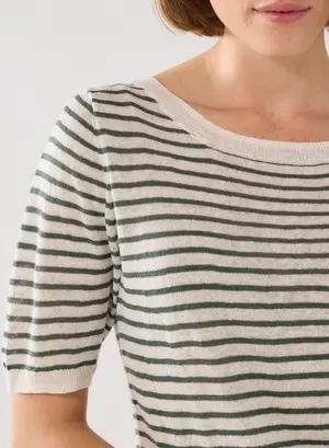 Majestic Filatures Linen Knit Stripe Elbow Sleeve Crewneck - Agave
