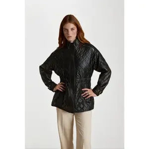 FURNIQ UK Leather Quilted Coat - Black