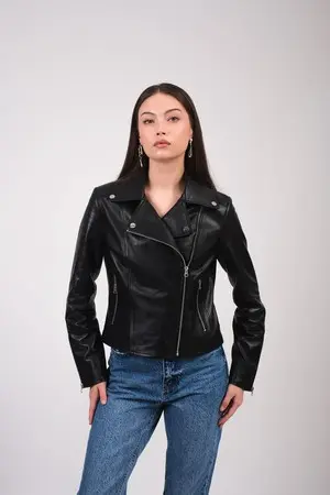 FURNIQ UK Leather Moto Biker Jacket - Black