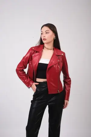 FURNIQ UK Leather Moto Biker Jacket - Red
