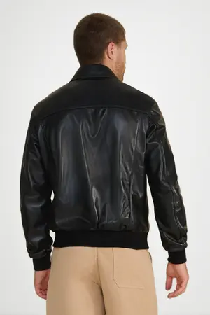 FURNIQ UK Leather Bomber Jacket - Black