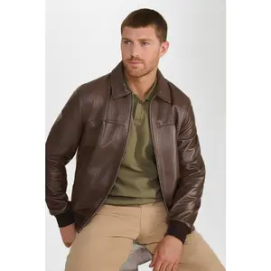FURNIQ UK Leather Bomber Jacket - Brown
