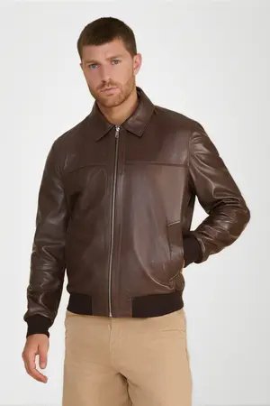 FURNIQ UK Leather Bomber Jacket - Brown