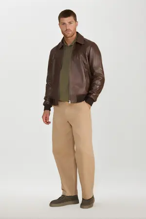 FURNIQ UK Leather Bomber Jacket - Brown