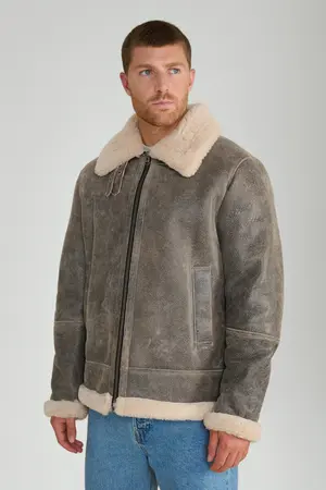 FURNIQ UK Rupert Shearling Aviator Jacket - Grey