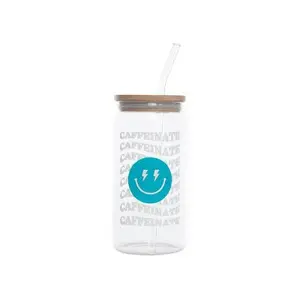 TOTALEE GIFT Caffeinate Glass Cup W/ Lid And Straw Glass 16 Oz - Clear