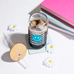 Totalee Gift Caffeinate Glass Cup W/ Lid And Straw Glass 16 Oz