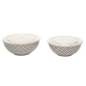 TOTALEE GIFT Lattice Pattern Bowls W/ Plastic Lid Set Of 2 Ceramic 25.7 Oz - White