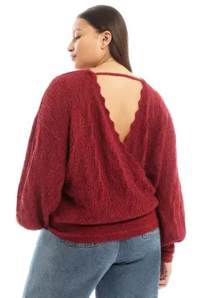 JUNE + VIE Scallop Trim Wrap Sweater - Ruby Wine