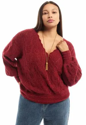 JUNE + VIE Scallop Trim Wrap Sweater - Ruby Wine