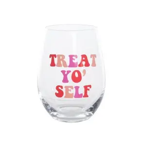 TOTALEE GIFT Treat Yo Self Wine Glass W/ Stopper Set Of 2 Glass 18 Oz - Clear
