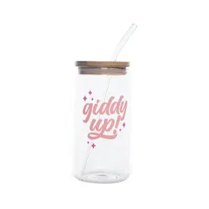 TOTALEE GIFT Giddy Up! Glass Cup W/ Lid And Straw Glass 16 Oz - Clear