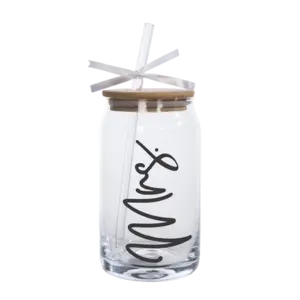 TOTALEE GIFT Mrs Glass Cup W/ Lid And Straw Glass 16 Oz - Clear