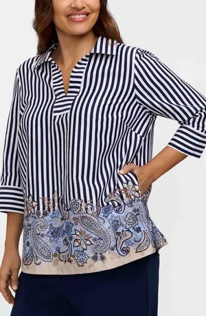 Foxcroft Julia Stripe Cotton Popover Top