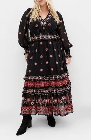City Chic Cameron Long Sleeve Maxi Dress - Border Print