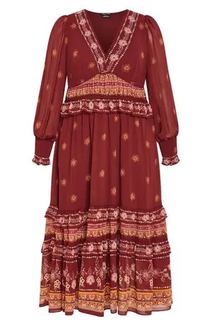 City Chic Cameron Long Sleeve Maxi Dress - Orange Print