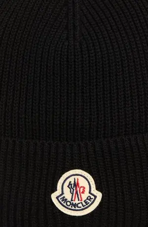 Moncler Logo Patch Cotton Beanie - Black